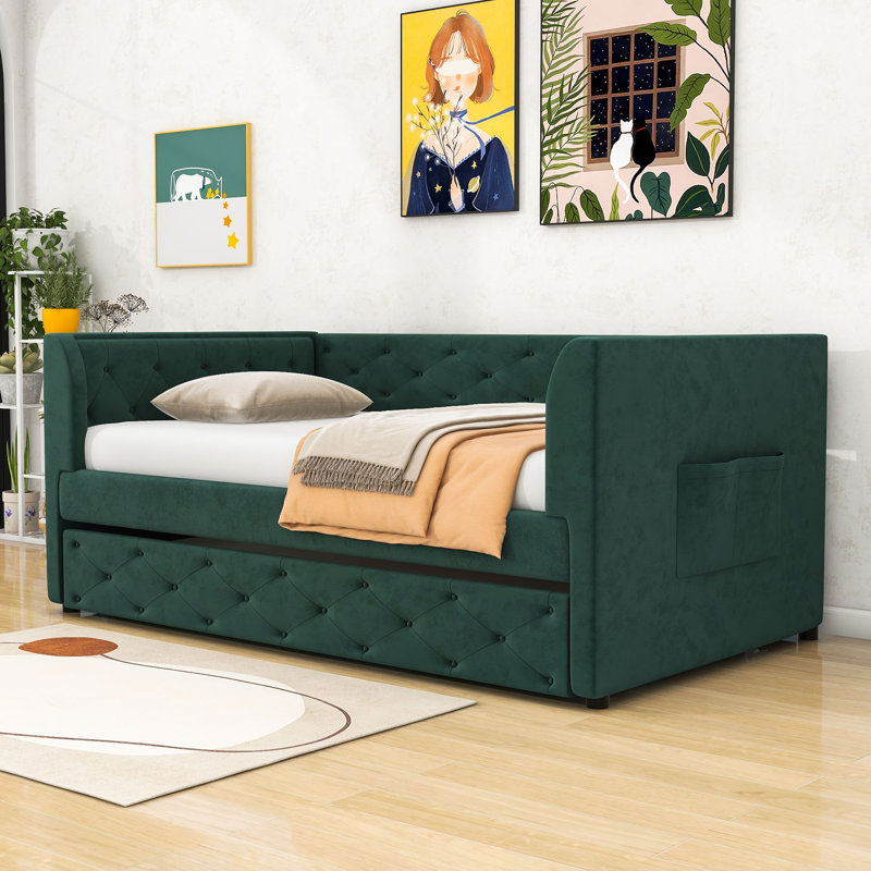 Twin Upholstered Velvet Daybed with Trundle and Storage Pocket House of Hampton Color Green